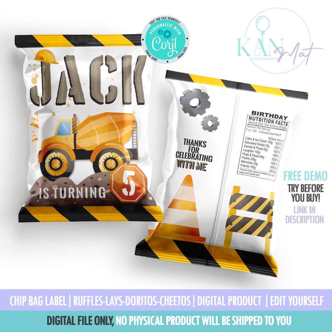 Editable Construction Chip Bag Label Template Dump Truck Party Labels ...