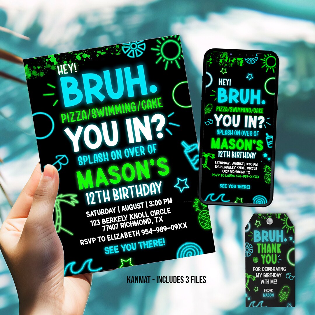 Editable Bruh Neon Birthday Invitation, Boy Pool Birthday Party ...