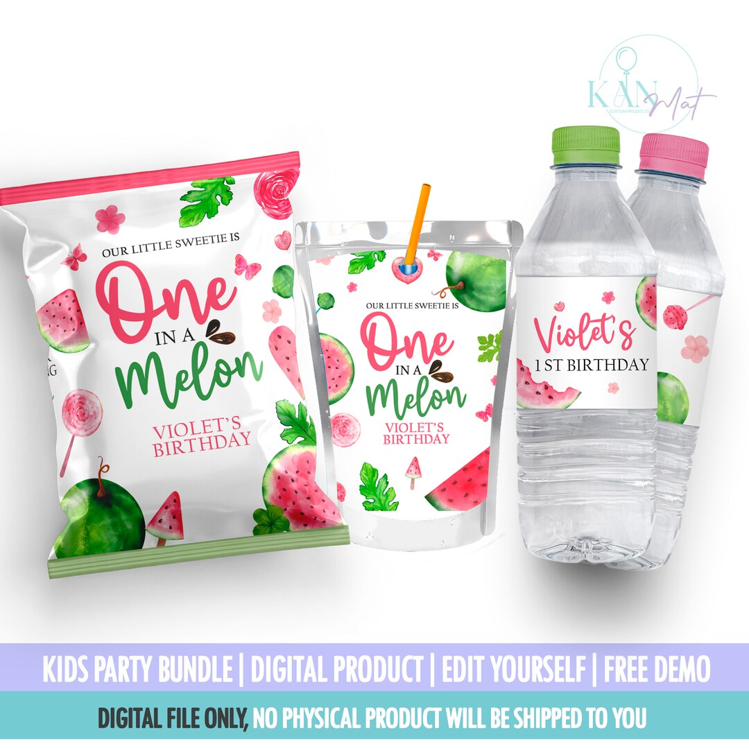 Watermelon Party Bundle, One in a Melon Chips Bag Pouch, Juice Bags ...