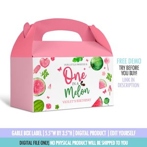 EDITABLE Watermelon Gable Box Favor Labels One in a Melon Party Favor ...