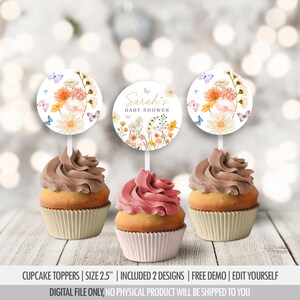 Wildflower Cupcake Toppers, Meadow Flowers Toppers, Boho Round Label ...