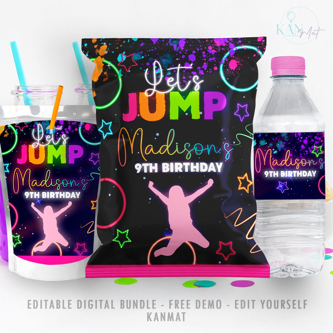 Editable Jump Trampoline Party Bundle Glowing Birthday Labels Jump ...