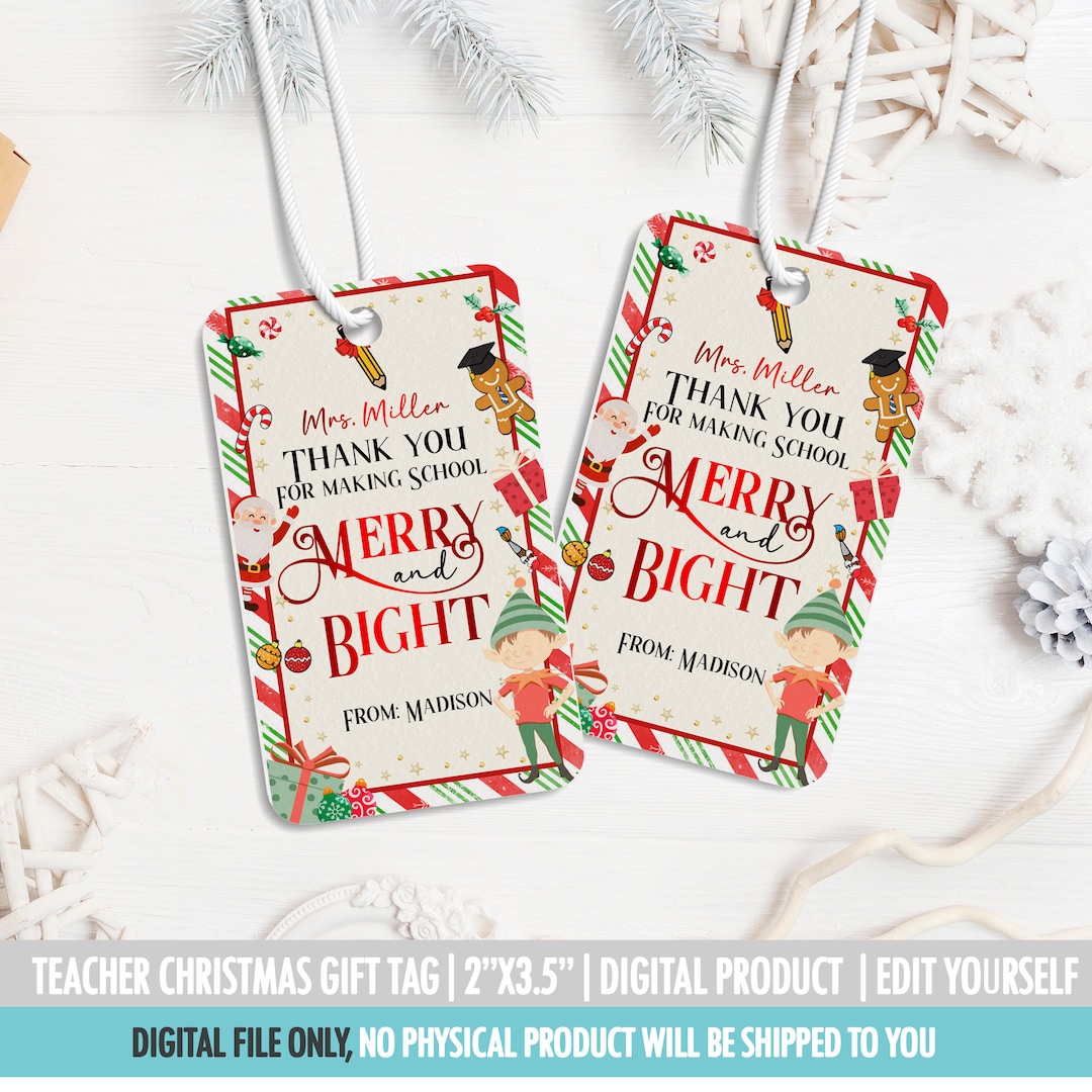 Editable Teacher Christmas Gift Tag Christmas Thank You Merry & Bright ...