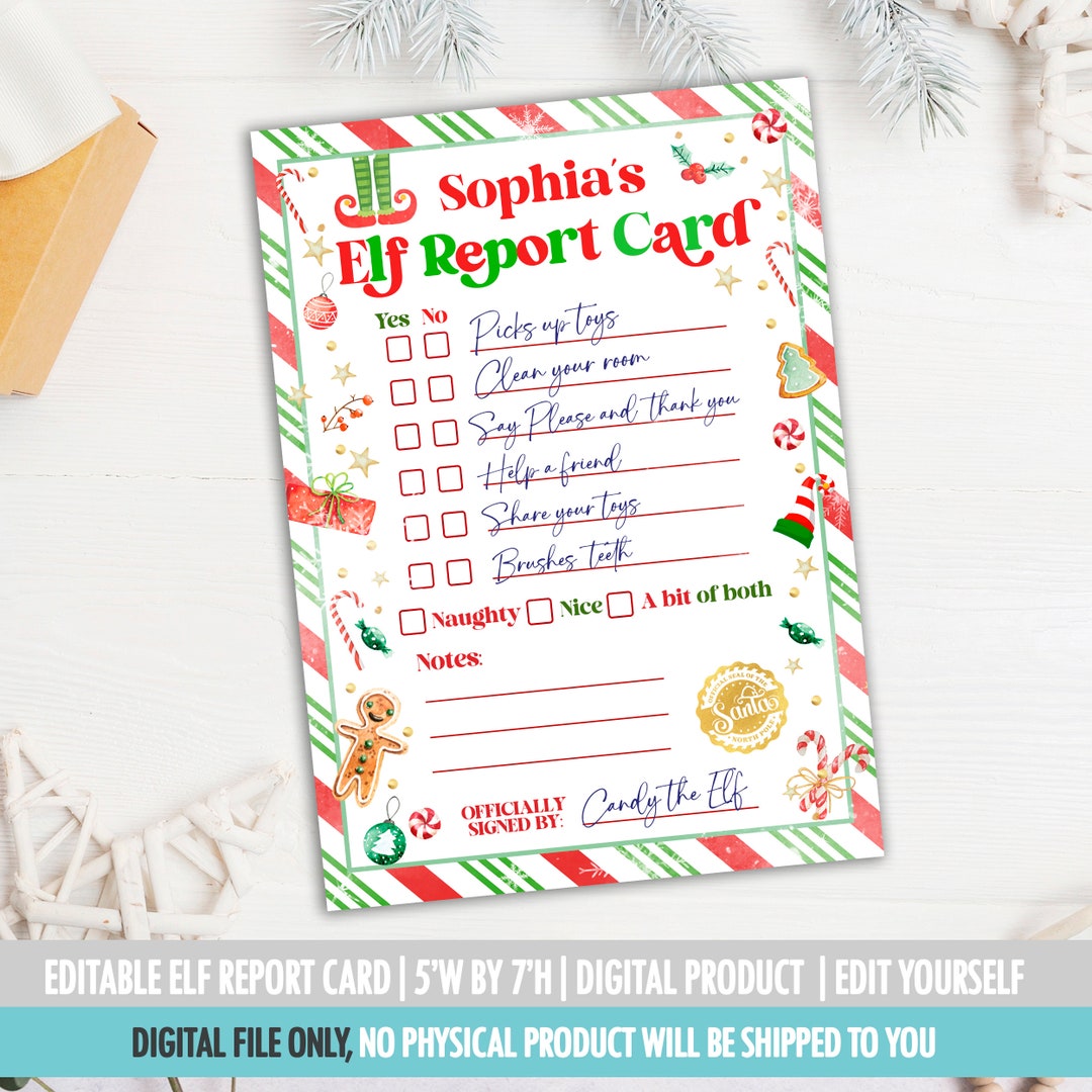 EDITABLE Elf Report Card Printable Green Red Stripes Elf Activity ...
