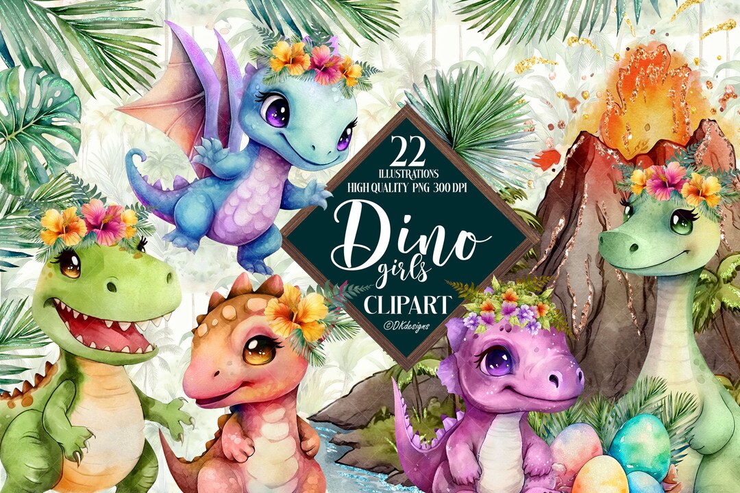 Watercolor Dinosaurs Girls Clipart Png, Cute Dinosaur Clipart, Baby ...