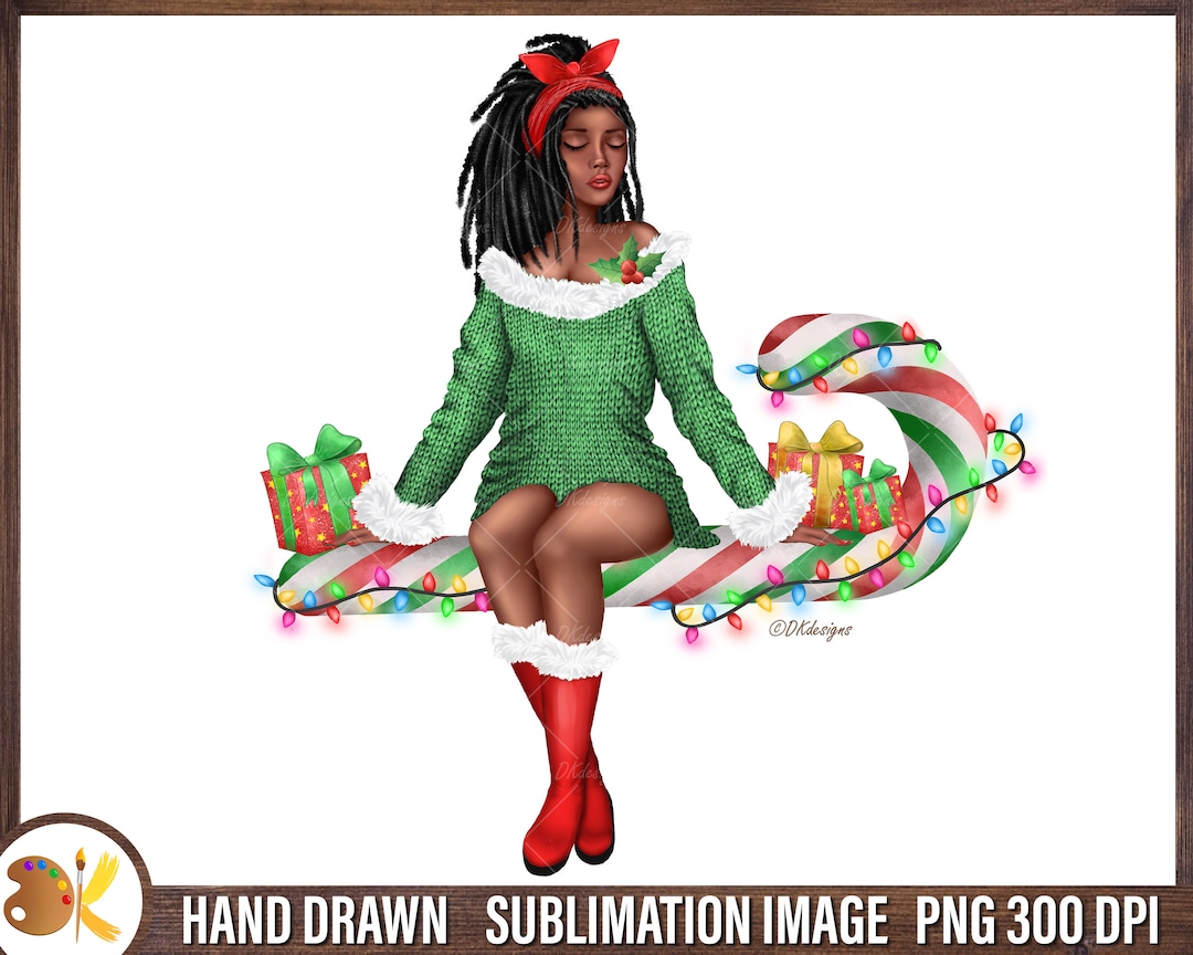 Christmas Black Woman Locs Png Sublimation, Candy Cane Png, Holiday ...