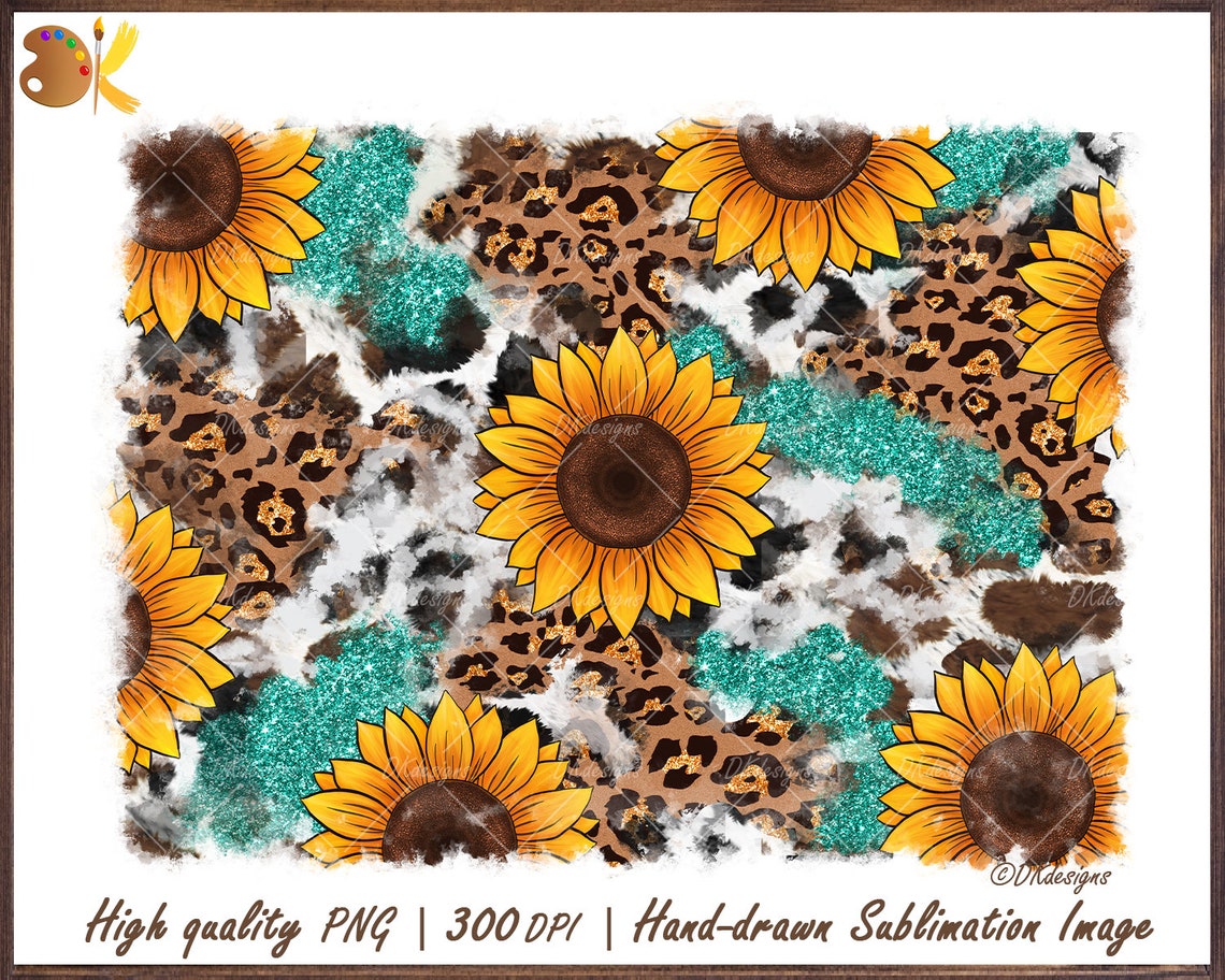 Cowhide Sunflower Background Sublimation, Western Turquoise Background ...