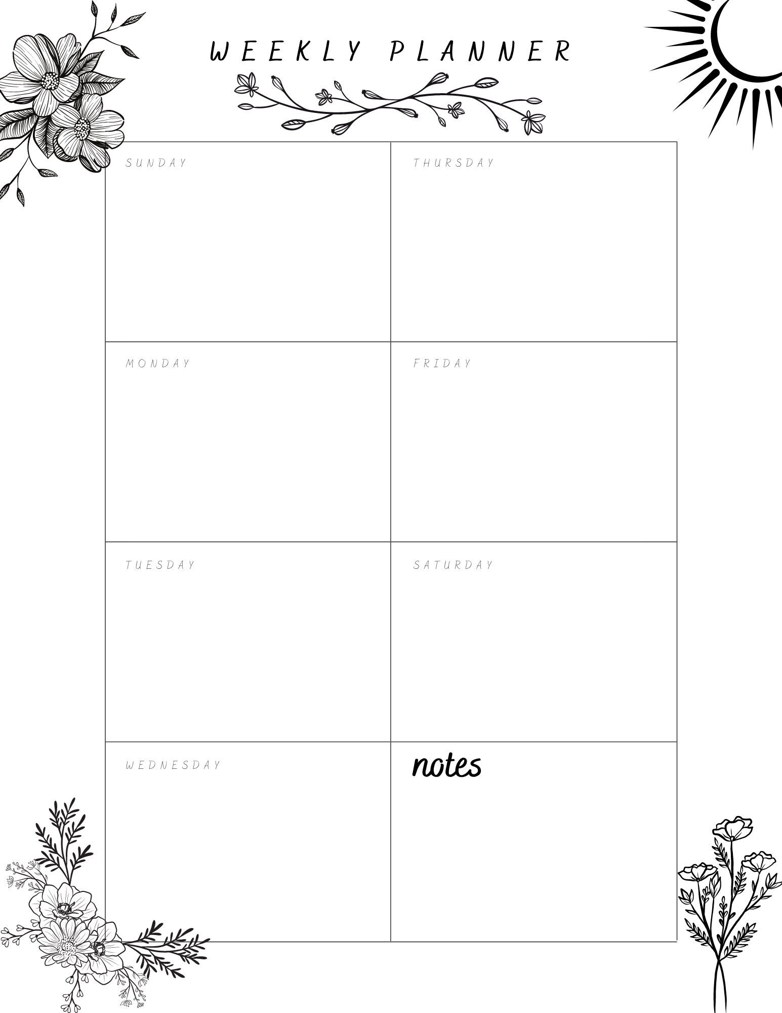 Sun and Flower Weekly Planner Page - Etsy