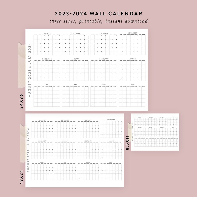 Printable 2023-2024 Academic Wall Calendar 24x36, 18x24, 11x8.5 Posters ...