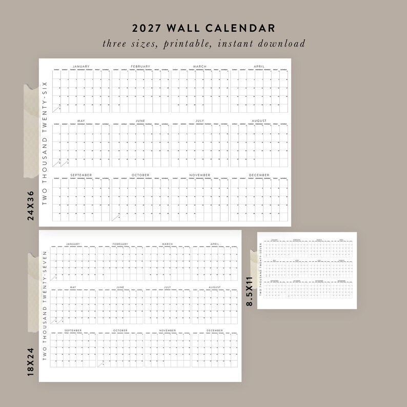 Printable 2027 Wall Calendar | 3 Sizes - 36x24, 24x18, 11x8.5 Posters ...