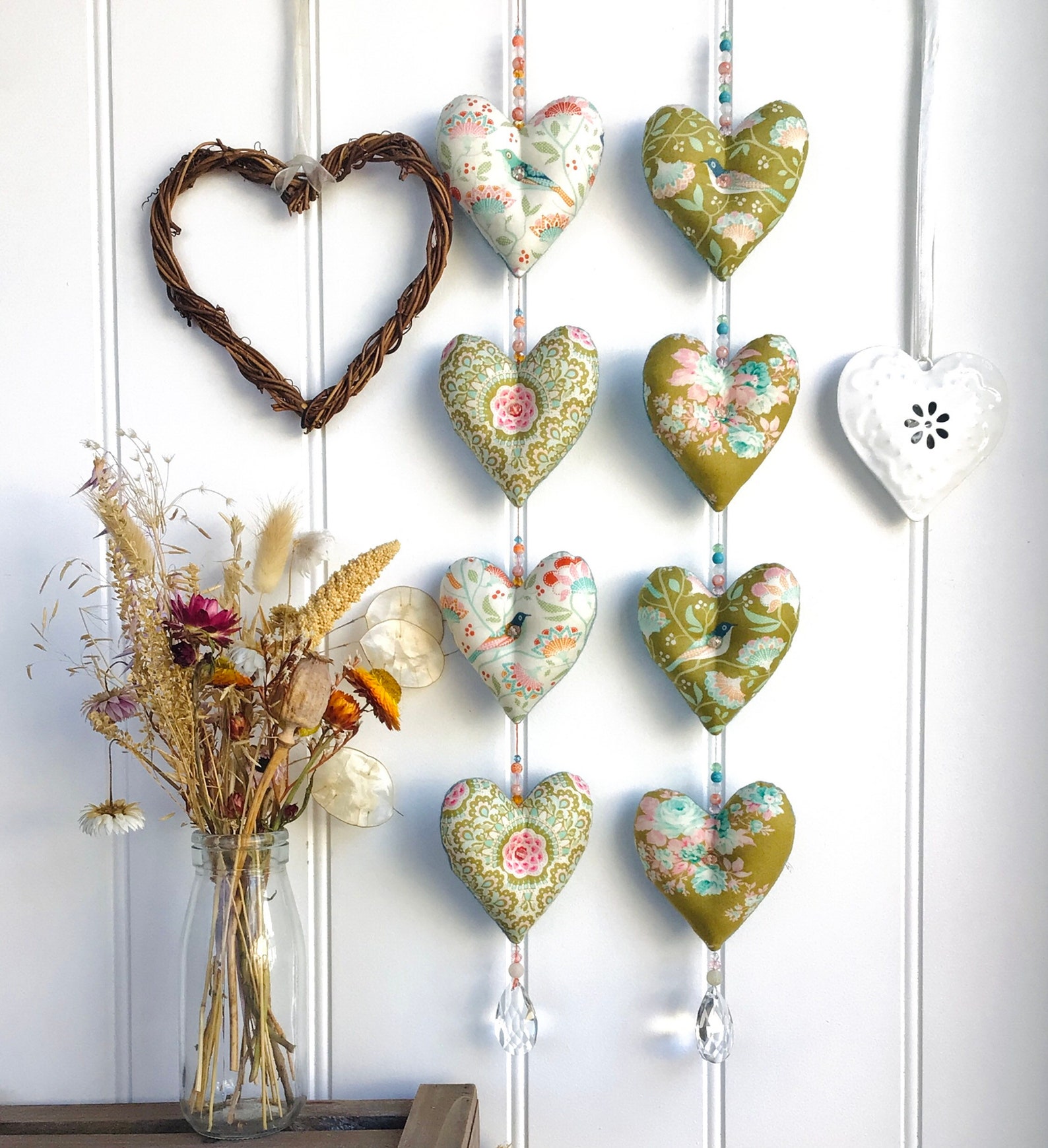 Bird Fabric Hanging Hearts, Handmade From Tilda Fabric, Mother’s Day ...