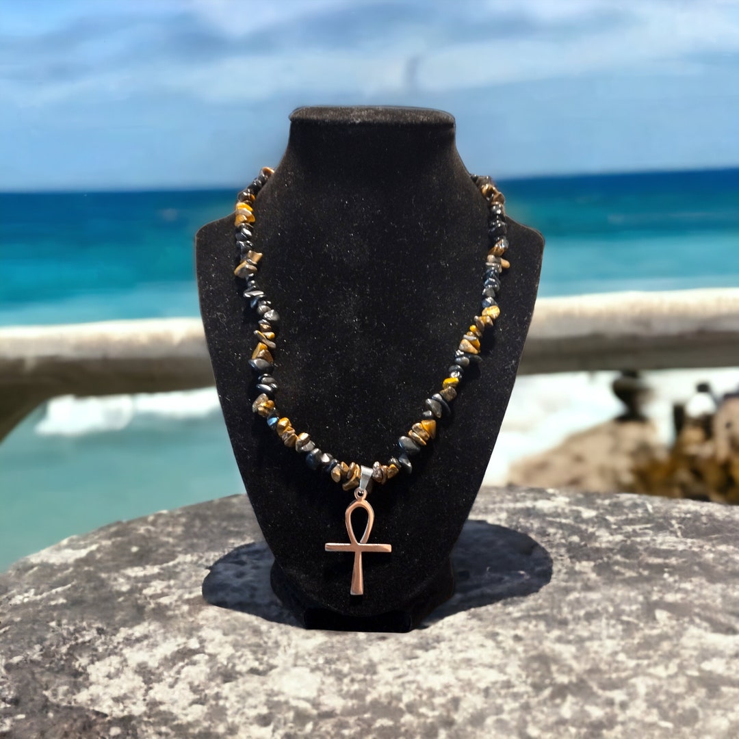 Handmade Tiger's Eye and Black Obsidian Chip Gemstone Beaded Necklace ...