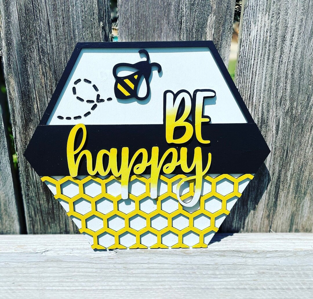 Bee Happy Sign Be Happy, Welcome Sign, Home Decor, Door Hanger, Wreath ...