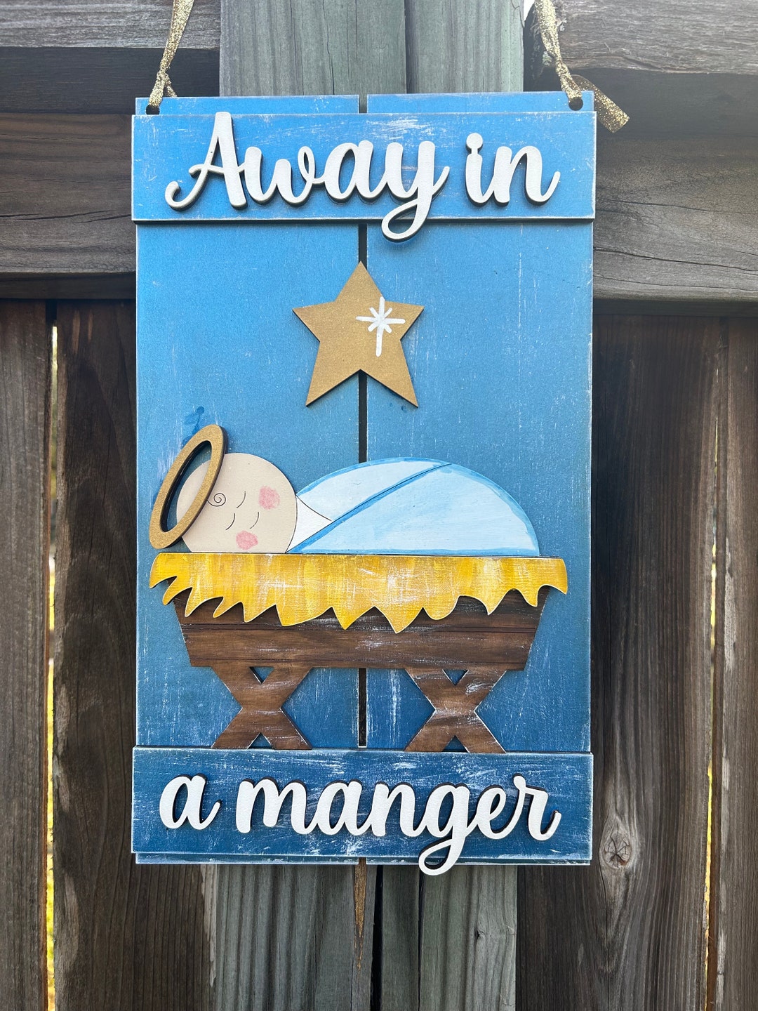 Away in a Manger Sign, Nativity Porch Leaner, Nativity Christmas Sign ...