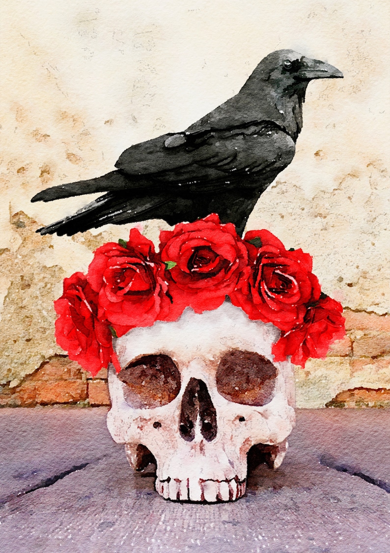 Raven and Skull Art Print Floral Skull Skull Artwork Horror - Etsy
