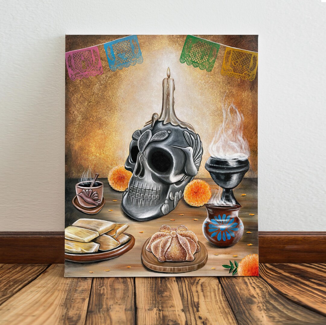 La Ofrenda Art Canvas Print, Day of the Dead, Mexican Folk Art, Skull ...