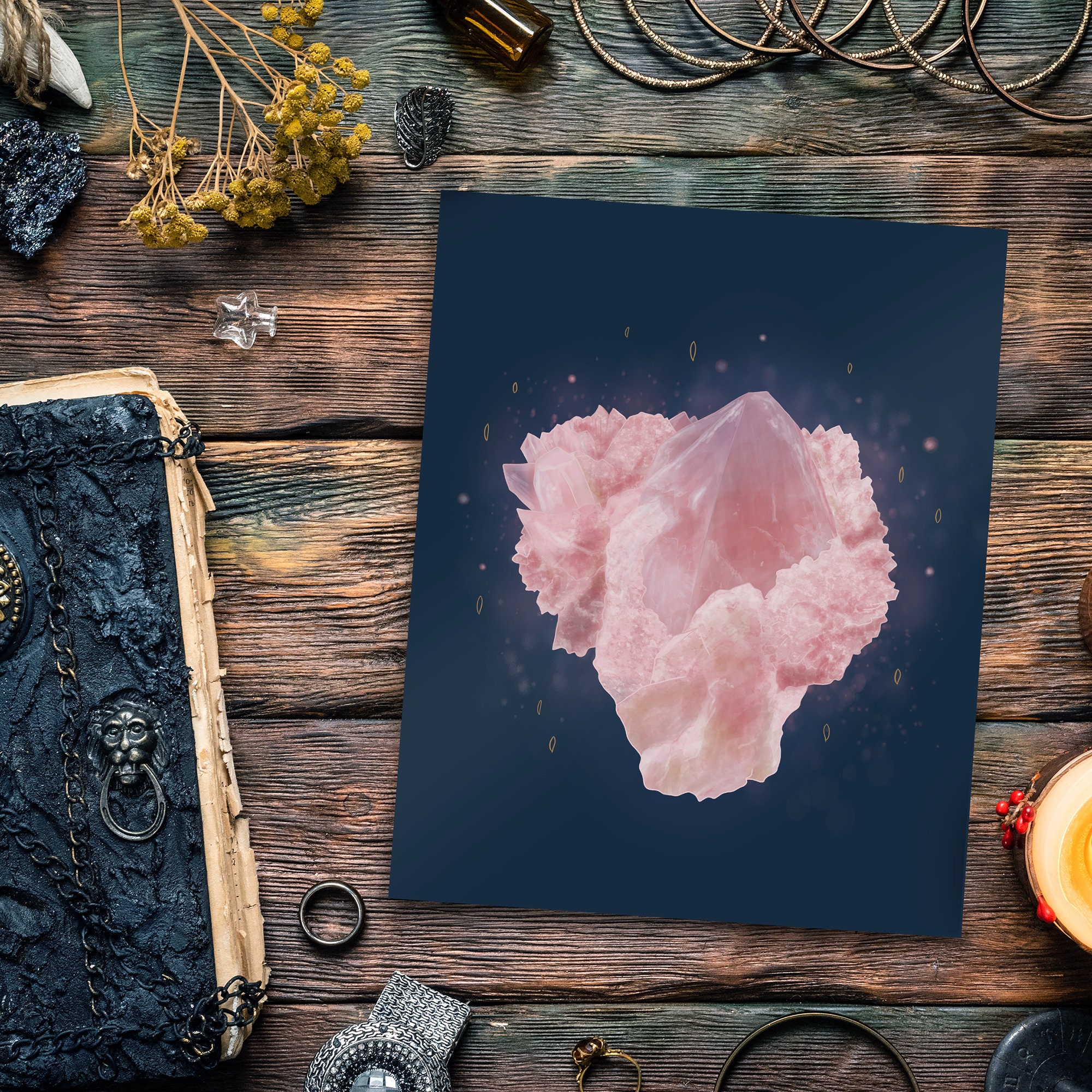 Rose Quartz Poster Pink Crystal Witchy Art Print Navy Gold - Etsy