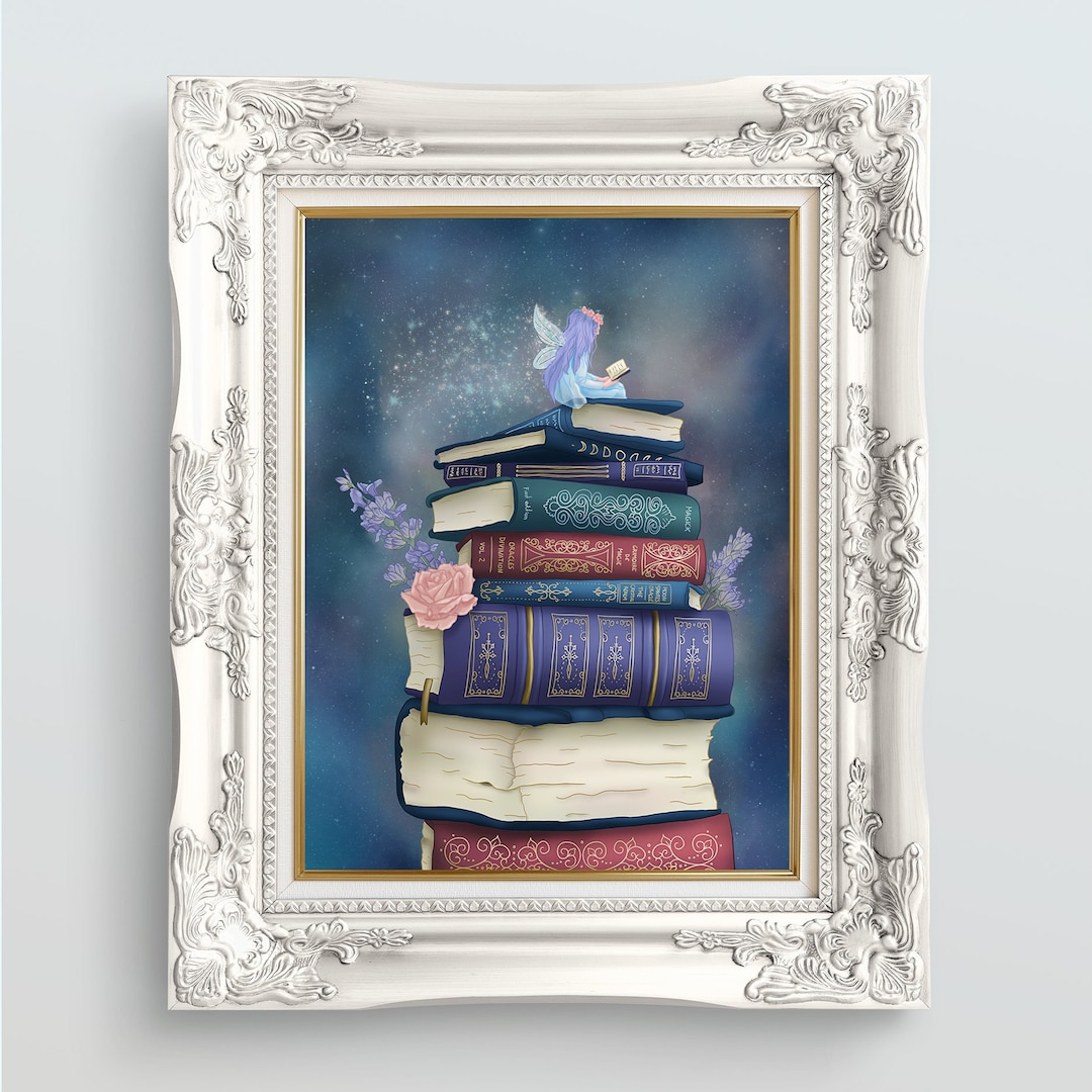 Books and Reading Fairy Painting, Magical Art Poster, Book Stack ...
