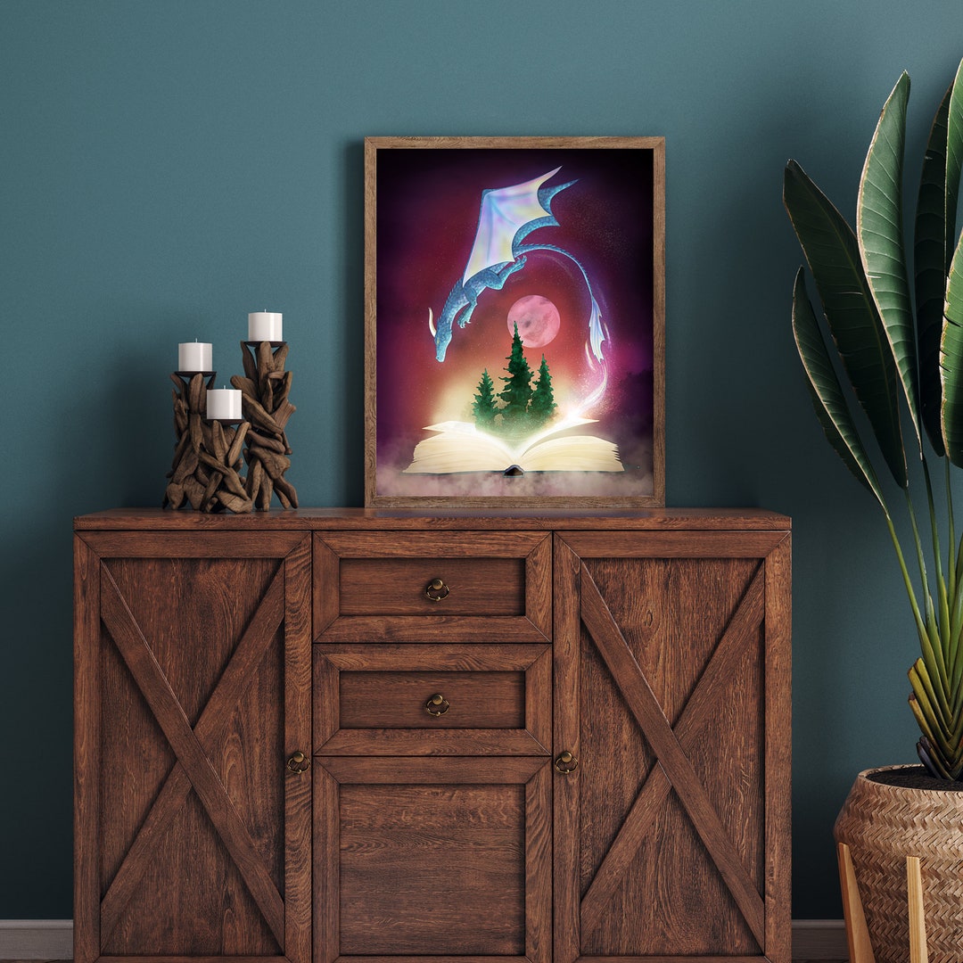 Dragon Painting, Magical Book Poster, Fantasy Wall Art, Digital Print ...