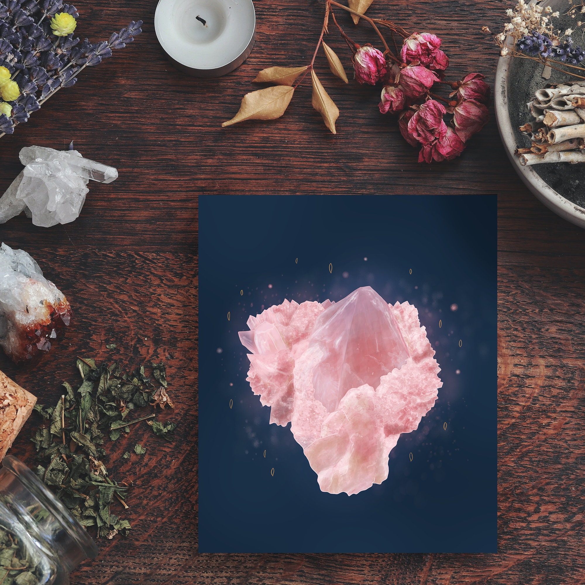 Rose Quartz Poster Pink Crystal Witchy Art Print Navy Gold - Etsy
