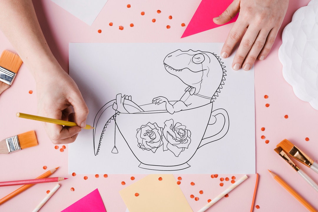 Children's Coloring Page, Tea-rex, Fun T-rex, PDF, Print at Home, Kids ...