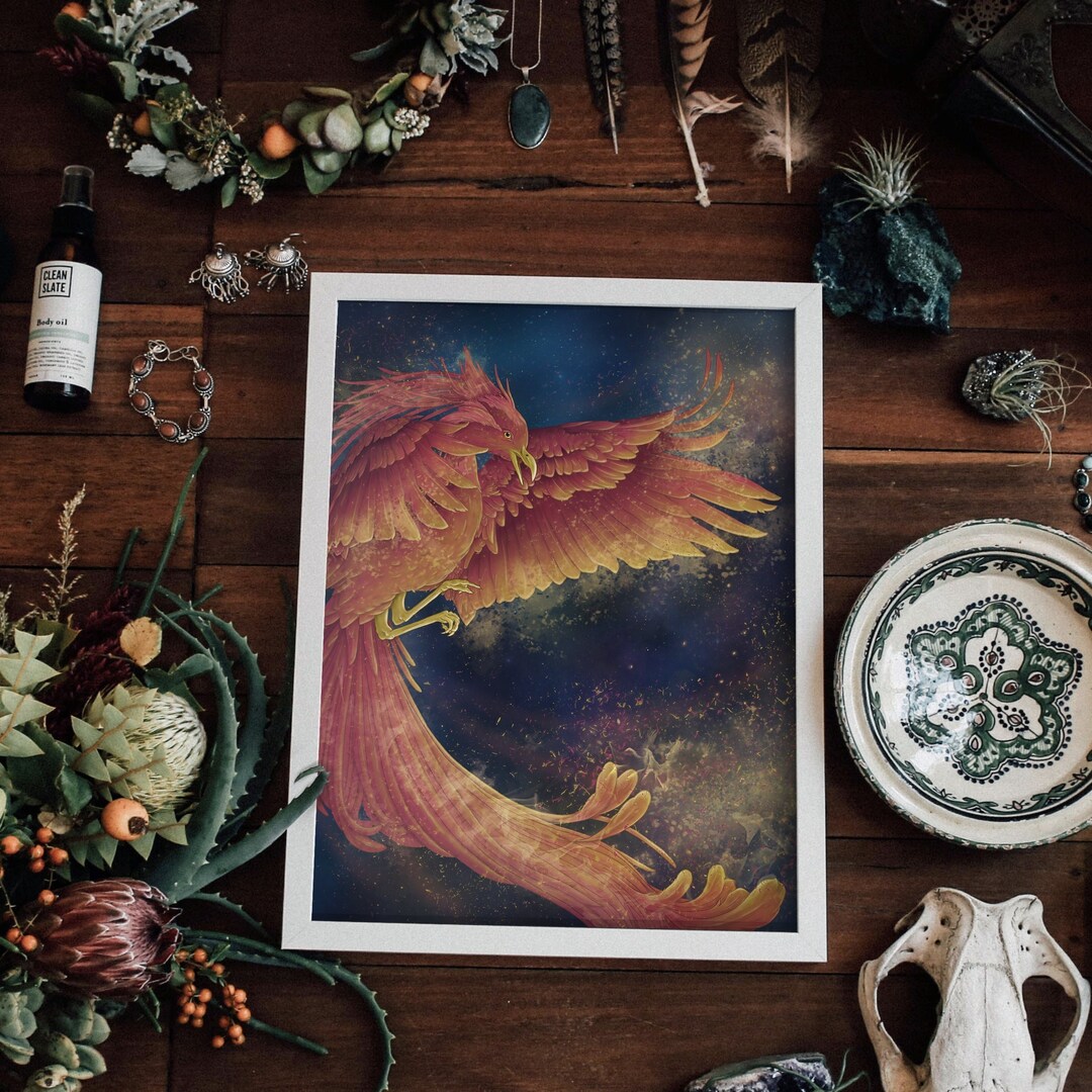 Phoenix Painting, Fantasy Fire Bird Poster, Magical Wall Art, Digital ...