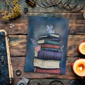 Books and Reading Fairy Painting, Magical Art Poster, Book Stack ...