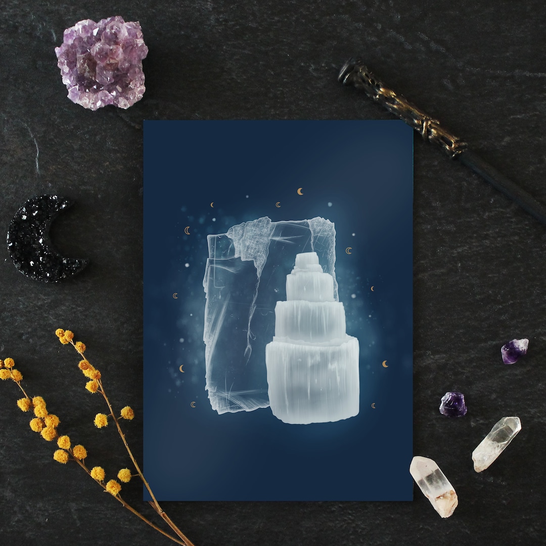 Selenite Poster, Satin Spar Crystal Art Print, Witchy Moon Stone, White ...