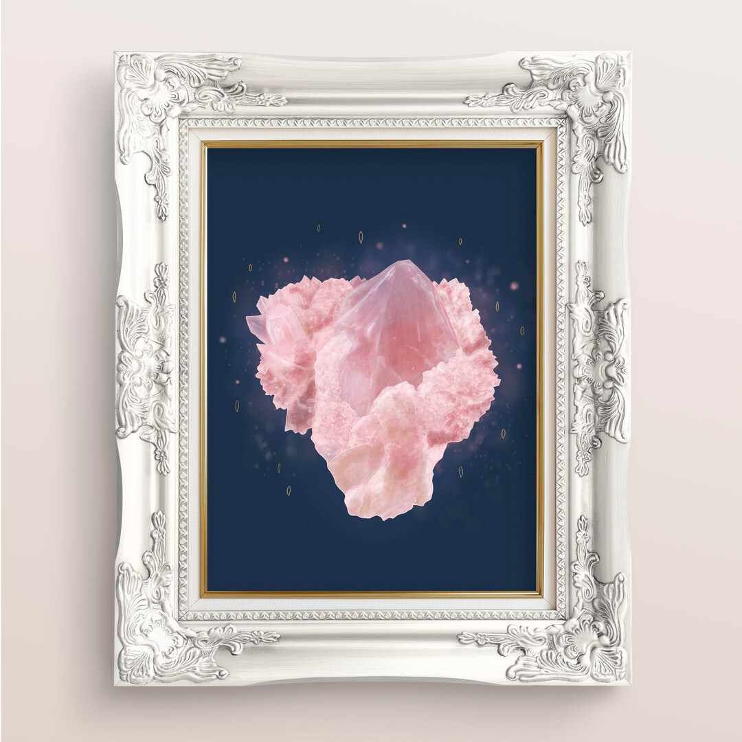 Rose Quartz Poster, Pink Crystal Witchy Art Print, Navy, Gold, Painting ...