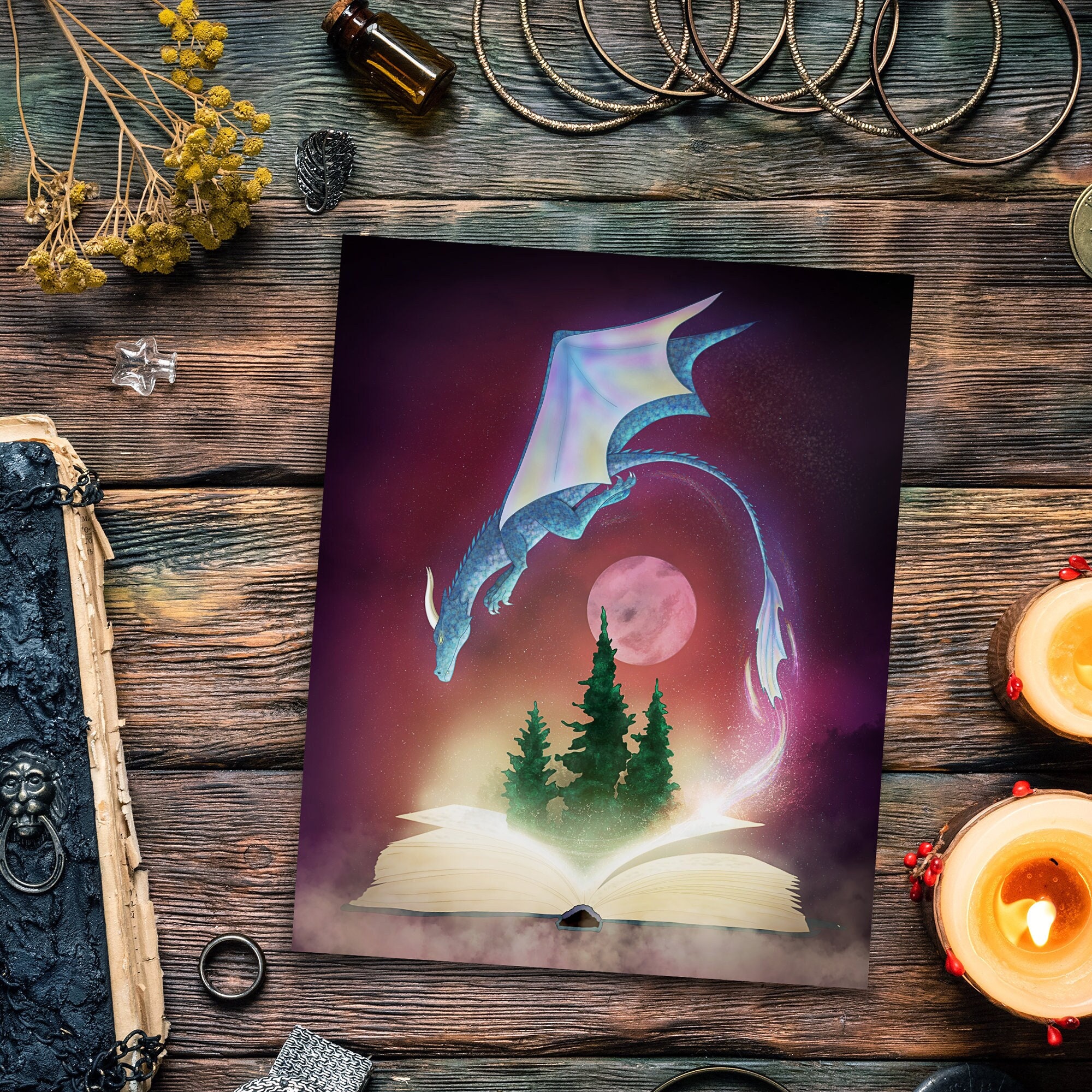 Dragon Painting Magical Book Poster Fantasy Wall Art | Etsy