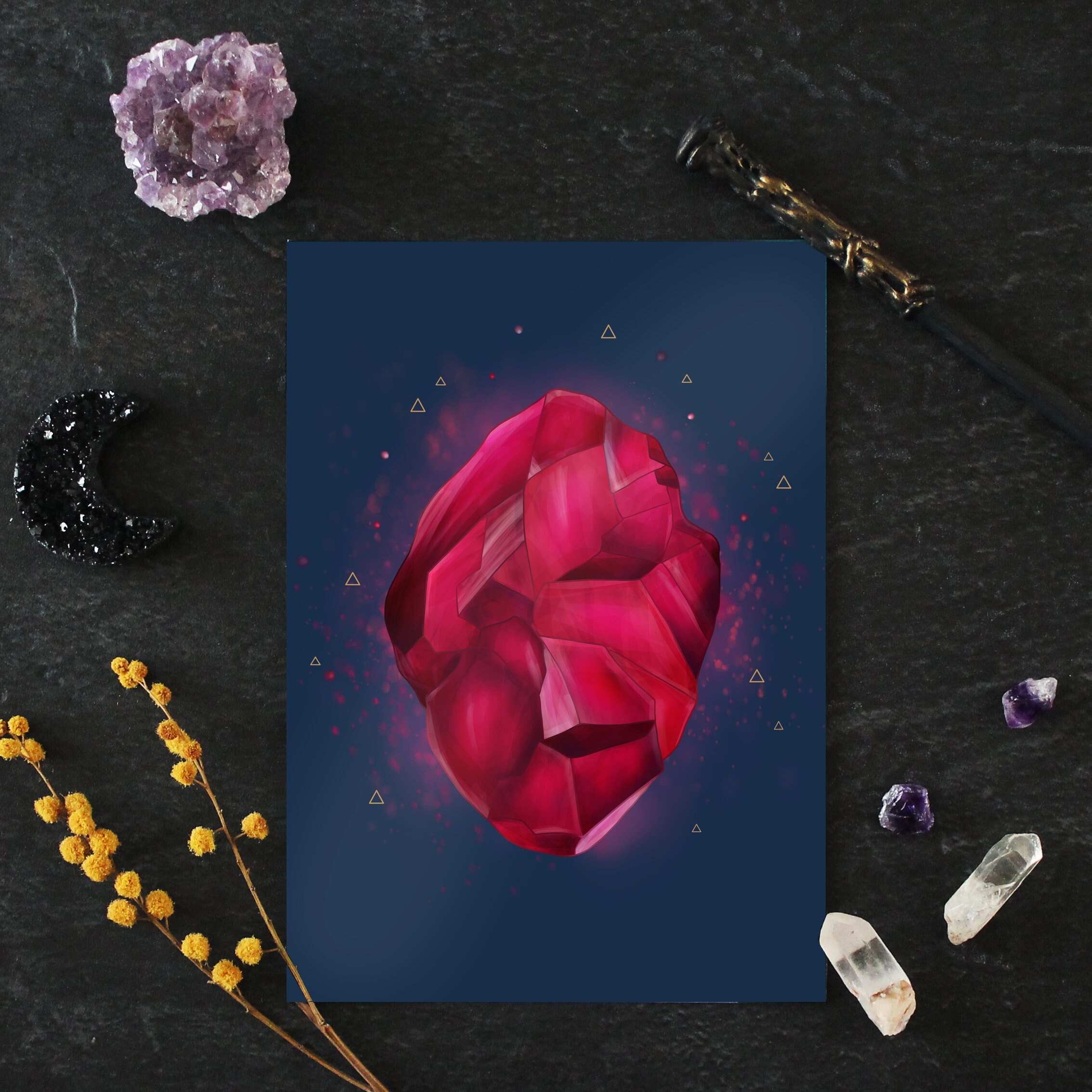 Ruby heart crystal poster Witchy art print Red Navy Gold | Etsy