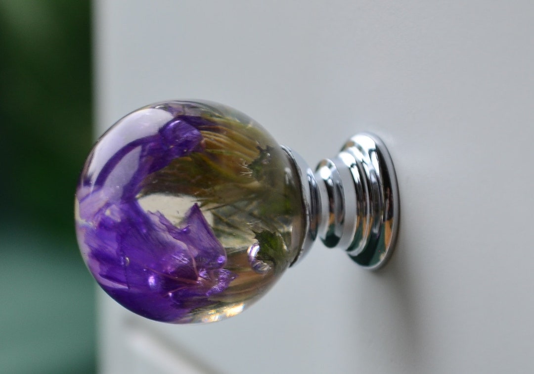 Handcrafted Drawer Knob: Real Dark Purple Flower, Silver Base - Etsy