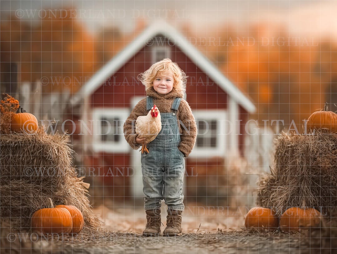 Fall Farmhouse Digital Backdrop, Fall Farm With Haystacks and Pumpkins ...