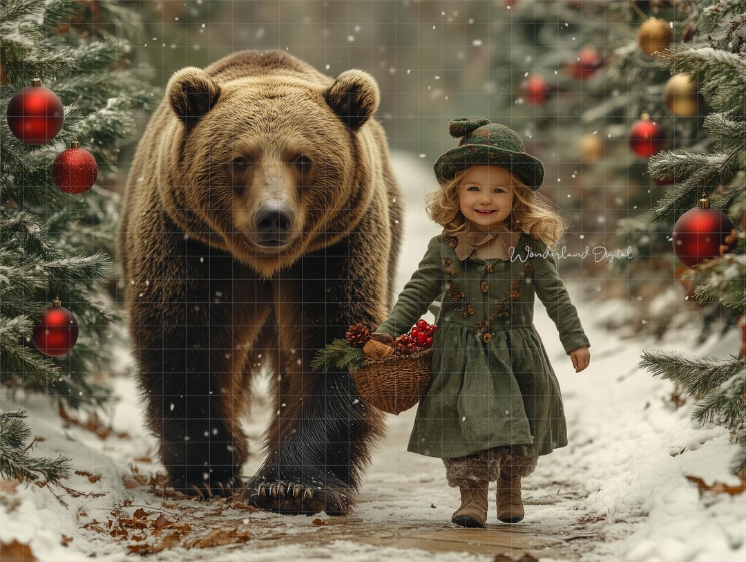 Christmas Grizzly Bear Digital Backdrop, Christmas Digital Backdrop ...