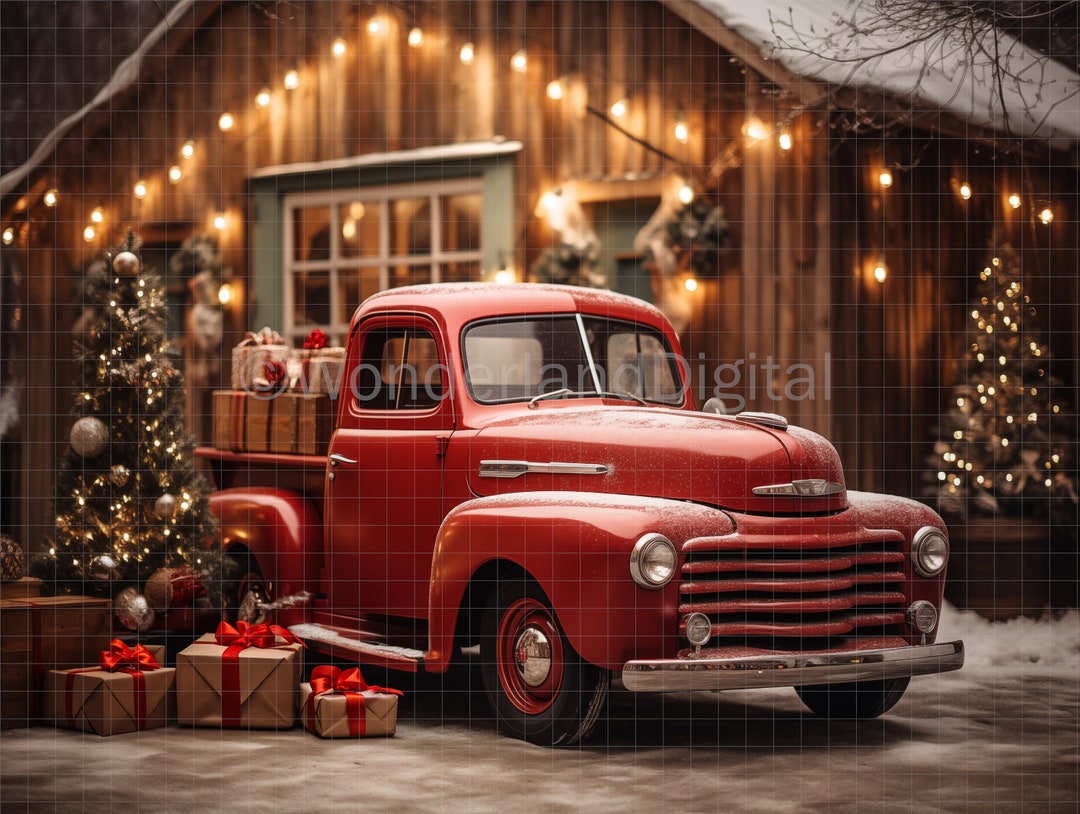 Vintage Red Truck Christmas Digital Backdrop, Red Christmas Truck ...