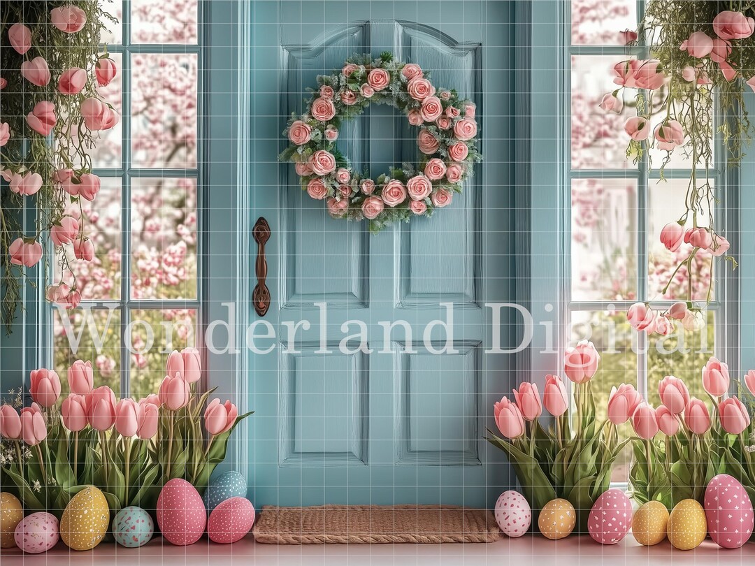 Easter Digital Backdrop, Spring Background, Easter Door, Easter Eggs ...