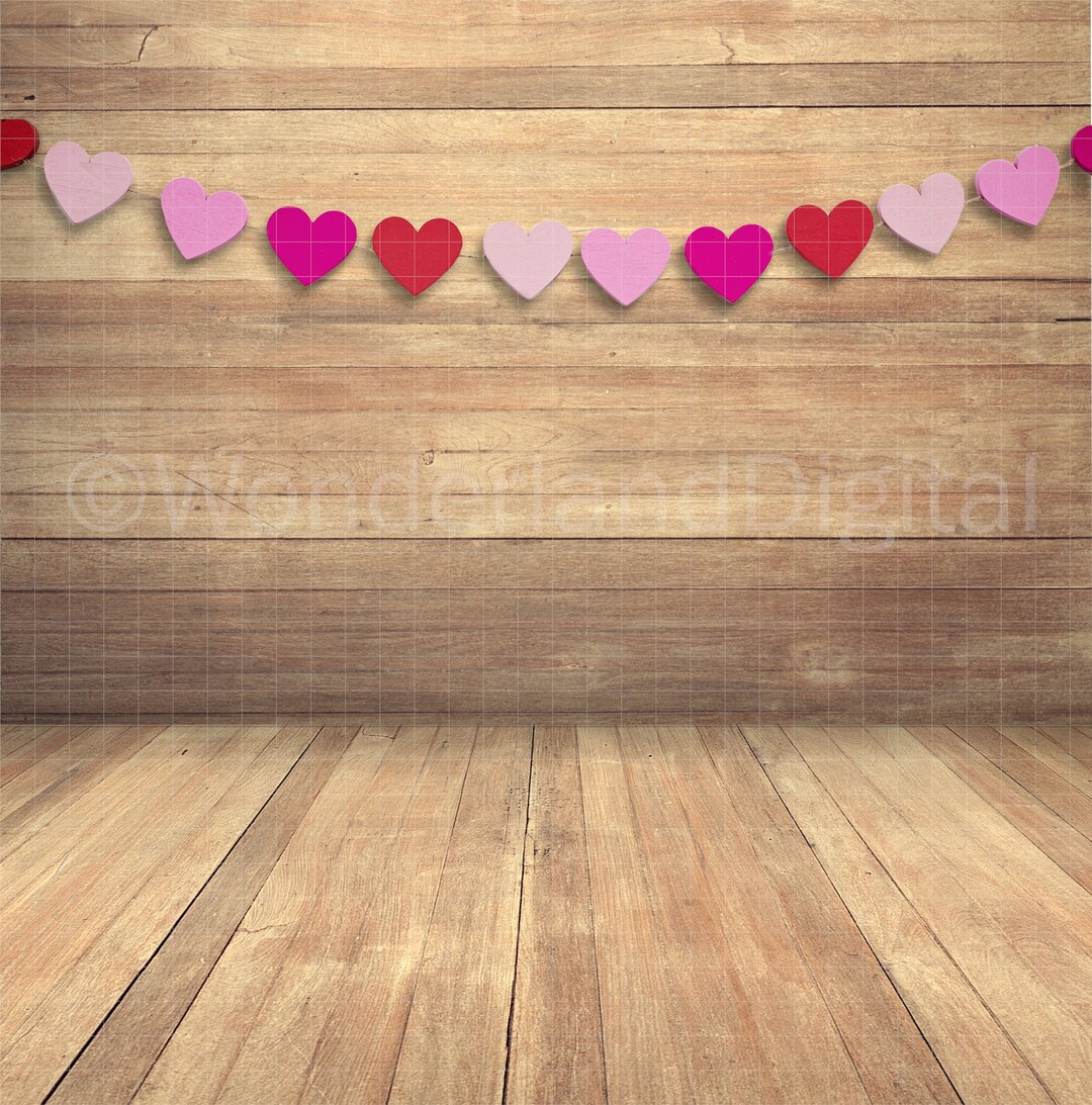 Valentines Day Digital Studio Backdrop, Wooden Room Mockup, Heart ...