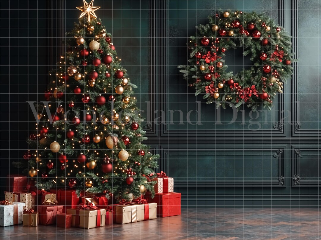 Digital Christmas Background With Christmas Tree and Wreath ...