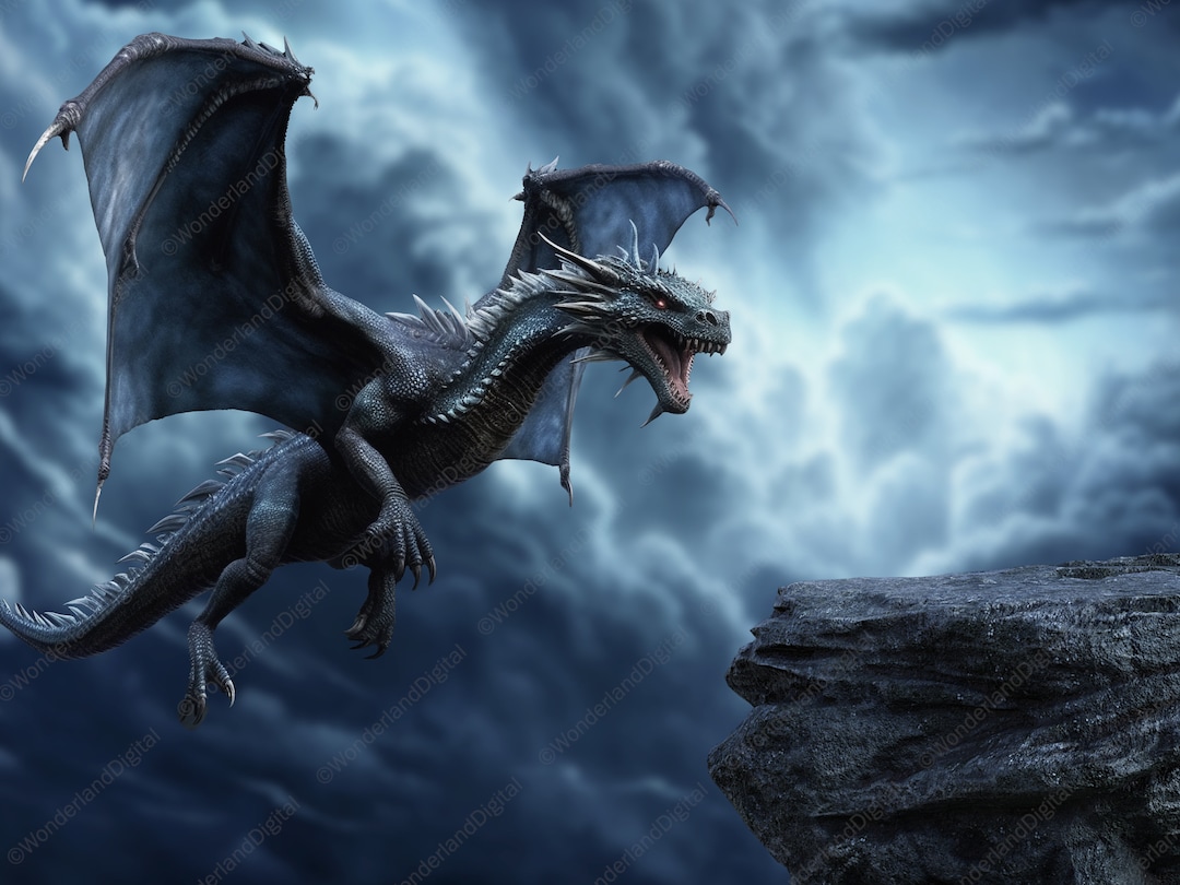 Dragon Digital Backdrop/background, Blue Dragon Flying Over a Cliff ...