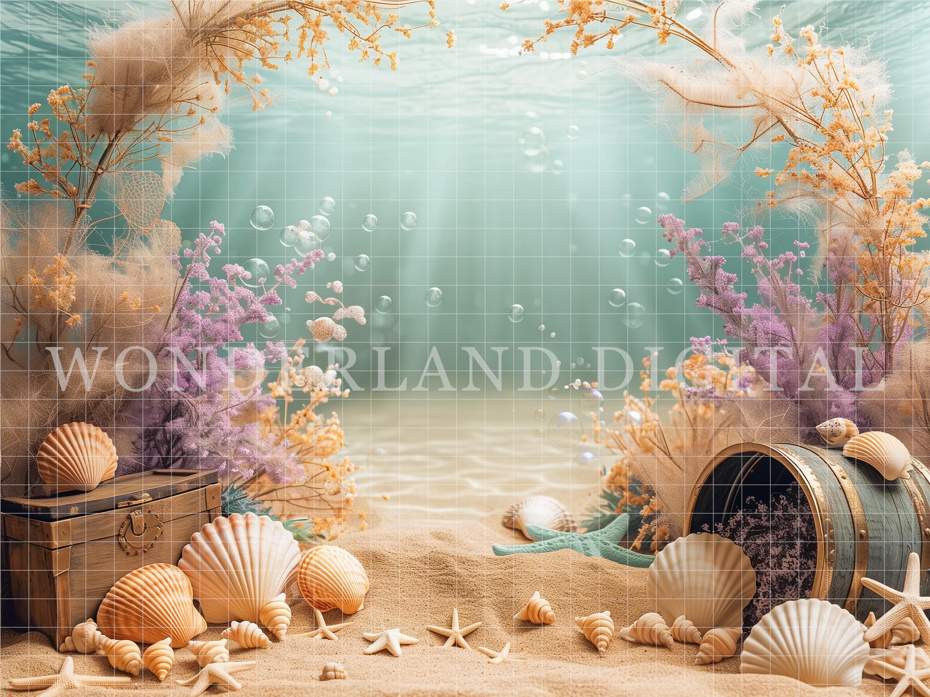 Under the Sea Digital Backdrop, Mermaid Ocean Floor Scene With Treasure ...