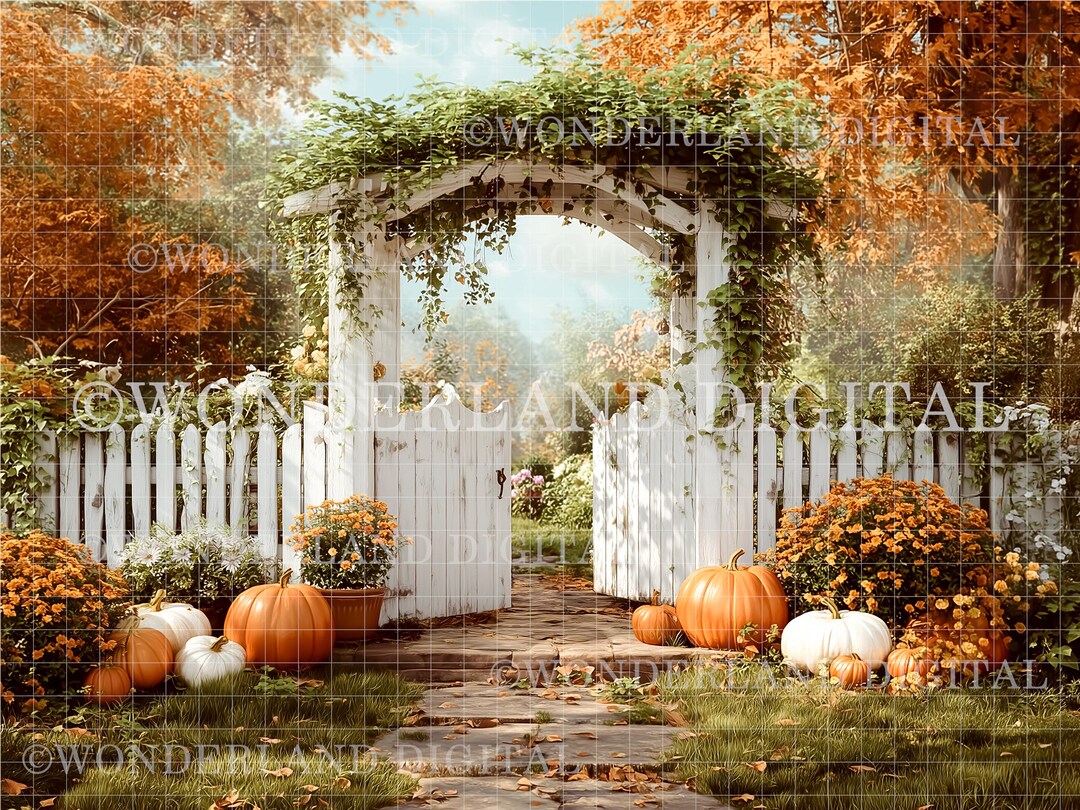 Autumn Painterly Garden Gate Arch Digital Backdrop, Fall Garden With ...