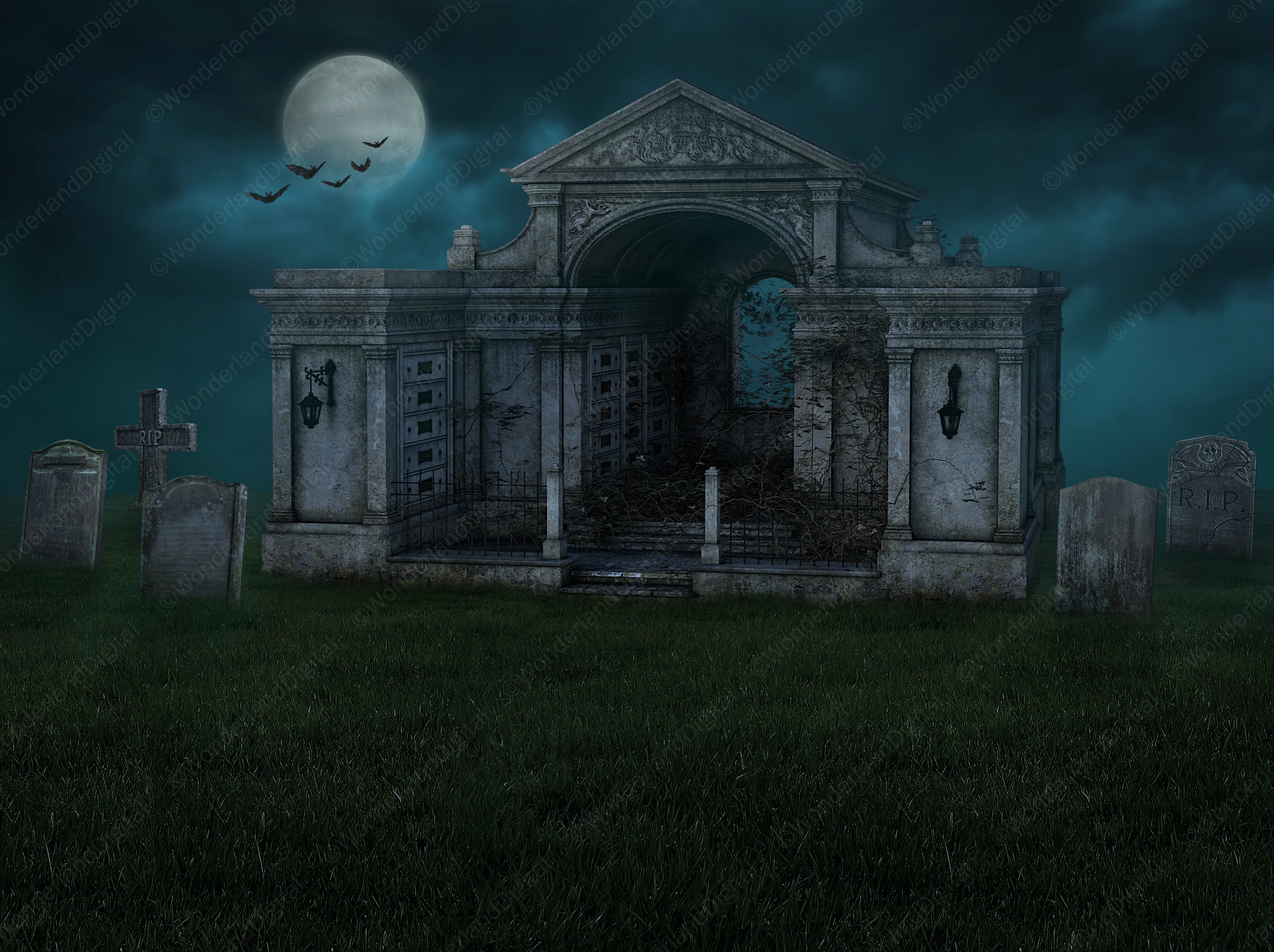 Halloween Cemetery Digital Backdrop, Skeleton Backdrop, Haunted ...