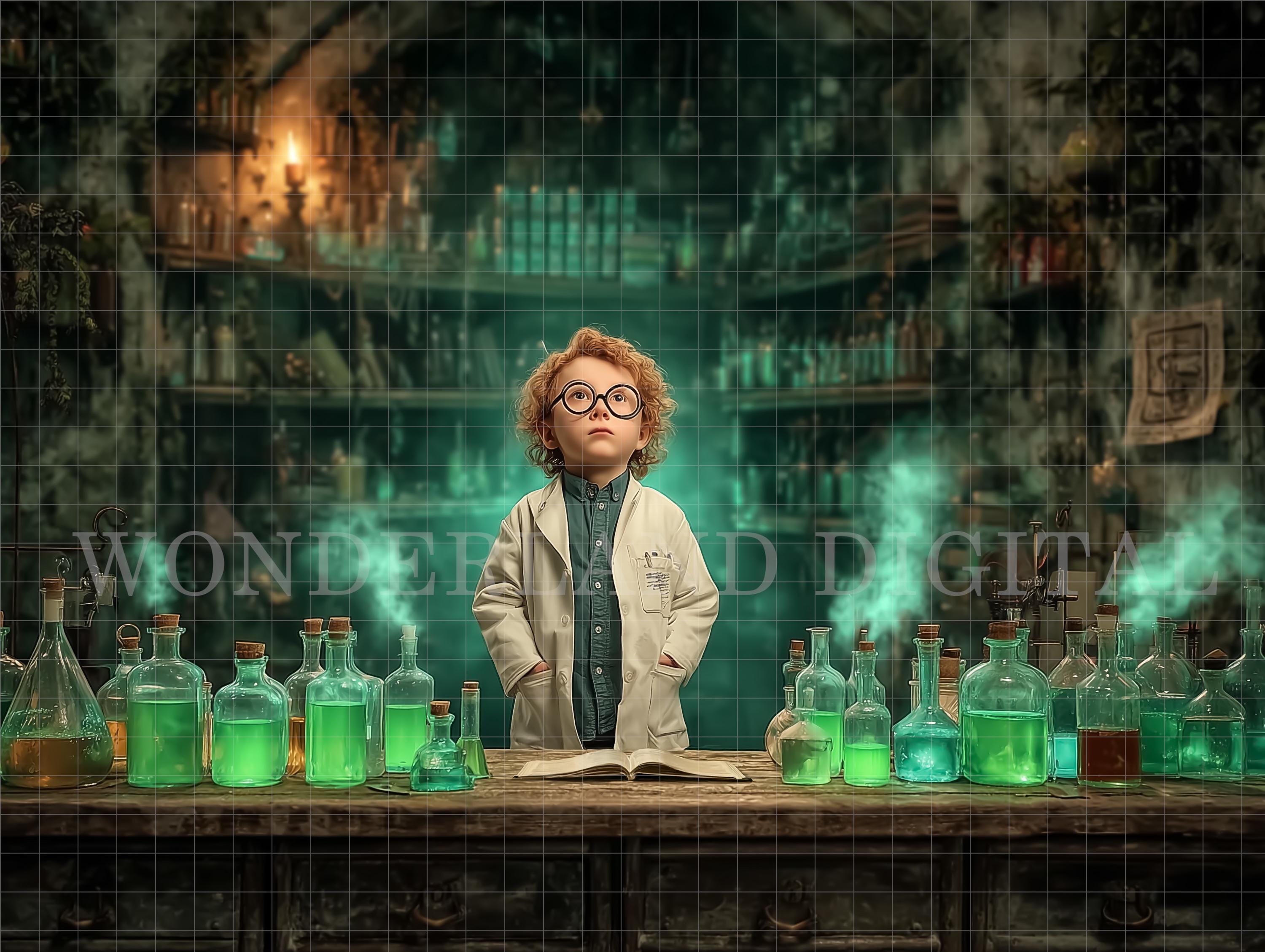 Scientist Laboratory Digital Backdrop, Potion Table With Green Smoke ...