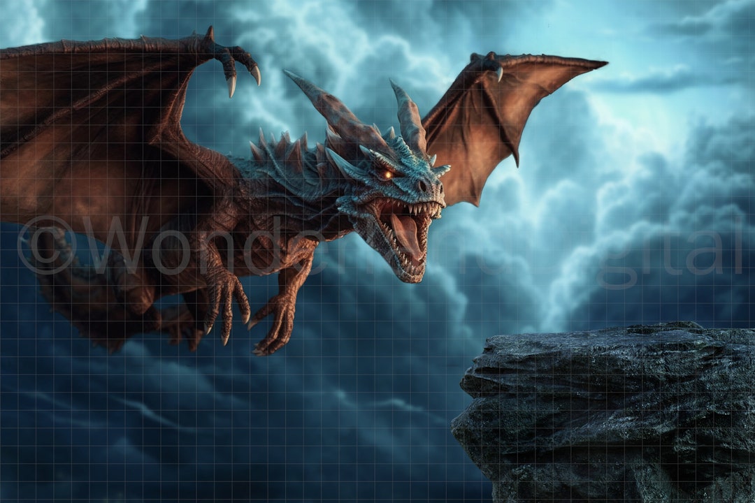 Dragon Digital Backdrop, Dragon Flying Over a Cliff, Digital ...