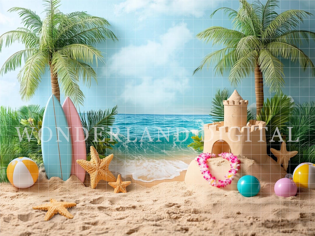 Beach Digital Backdrop, Tropical Sandcastle & Surfboard Summer ...