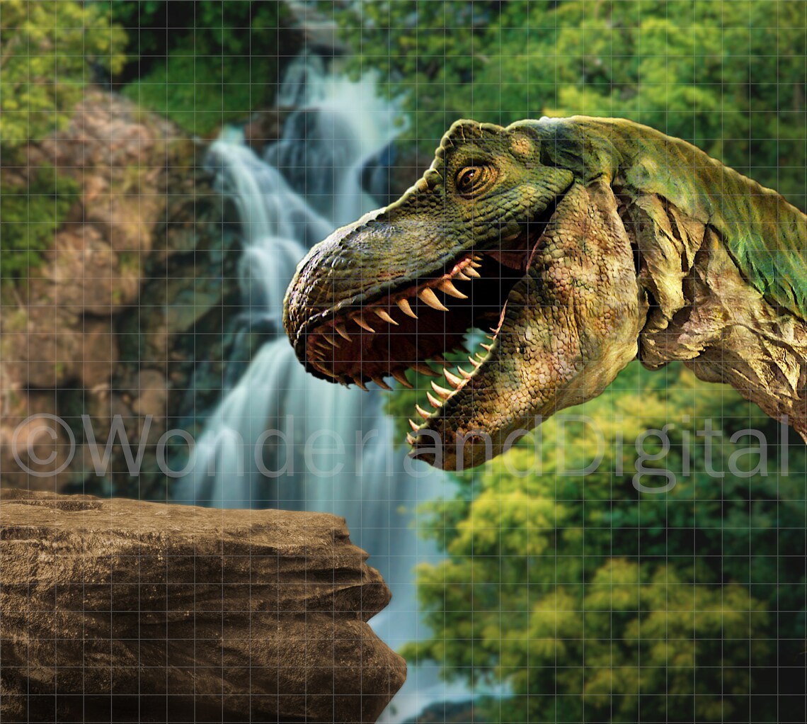 Smiling T-rex Digital Background, T-rex, Waterfall Background, Dinosaur ...