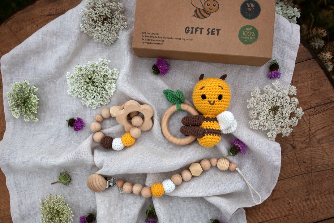 3 Piece Bee Rattle. New Born Gift. Baby Gift. Baby Shower Gift. 100% ...
