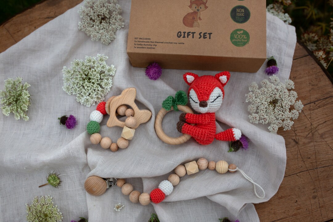 3 Piece Fox Rattle. New Born Gift. Baby Gift. Baby Shower Gift. 100% ...
