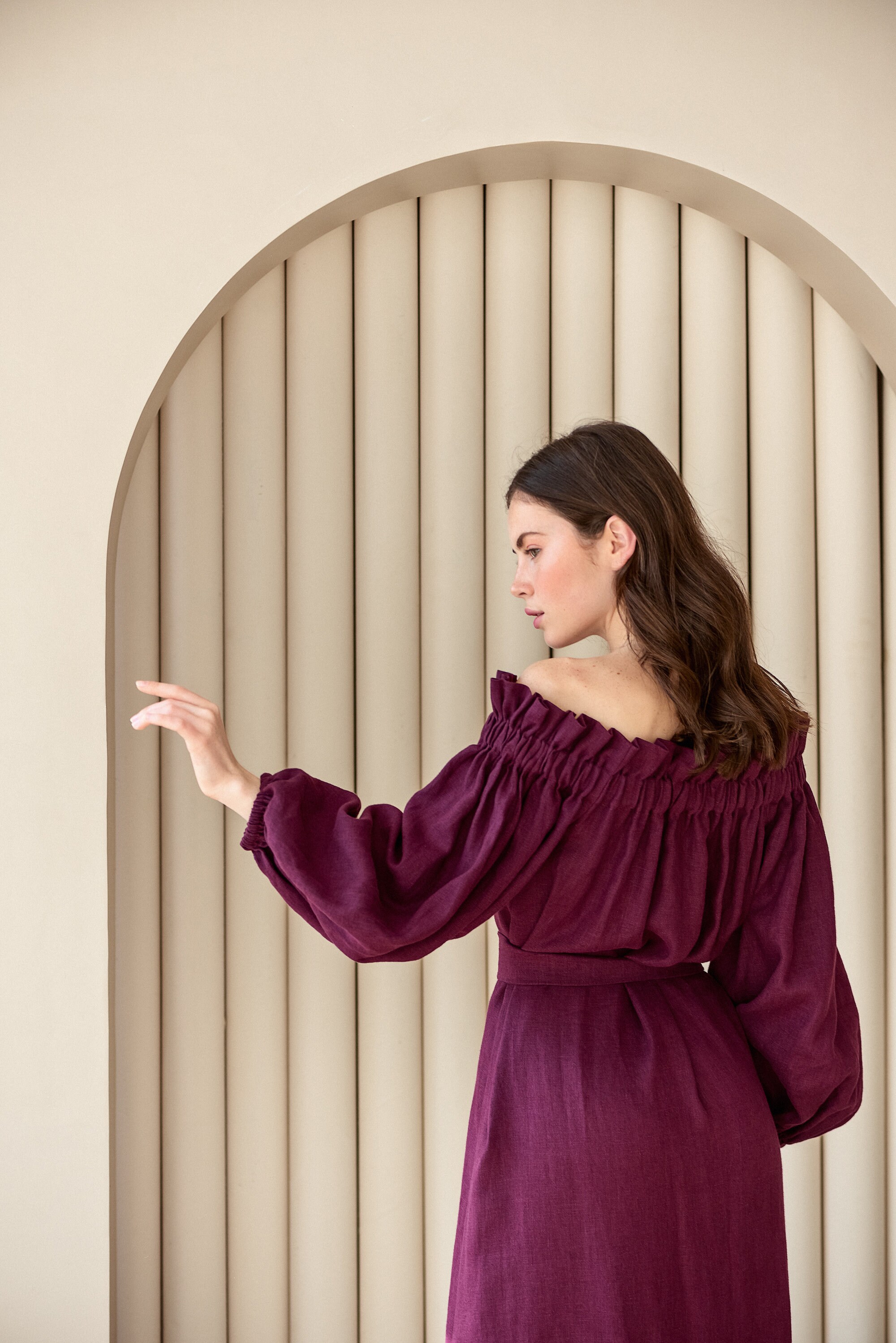 Plum off the shoulder linen dress with puff sleeve belt and | Etsy