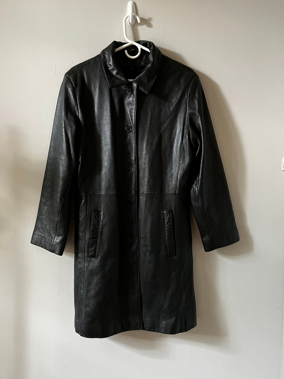 90s Vintage Long Line Leather Trench Jacket, 100% Leather Lined Size ...